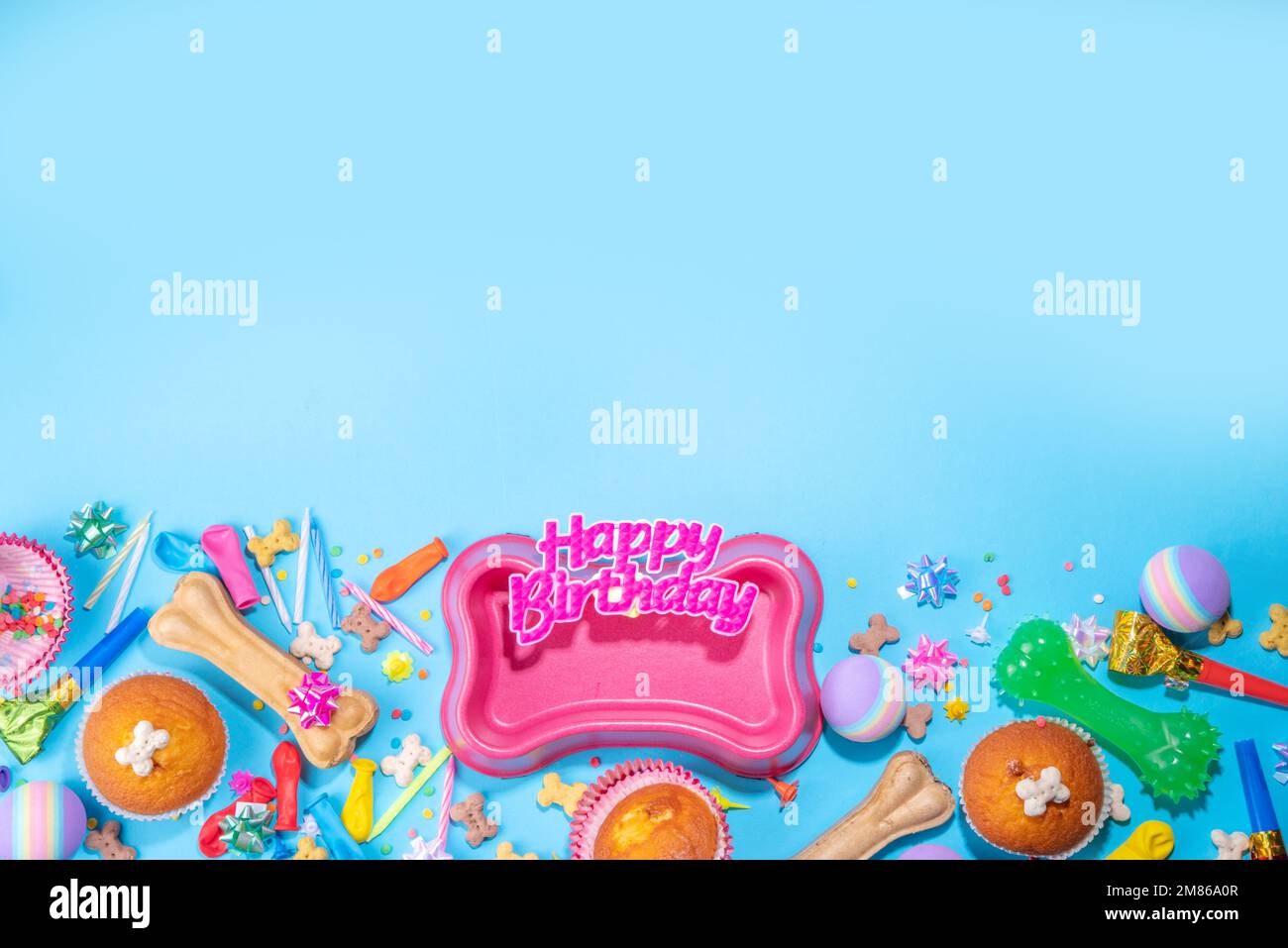 Pet happy birthday background with set different dogs snack, food and ...