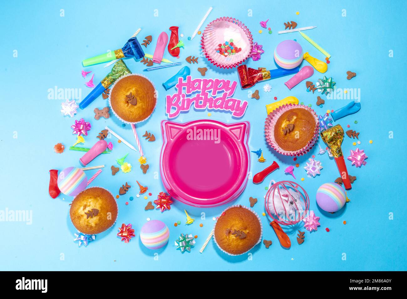 Pet happy birthday background with set different cats and kitty snack ...