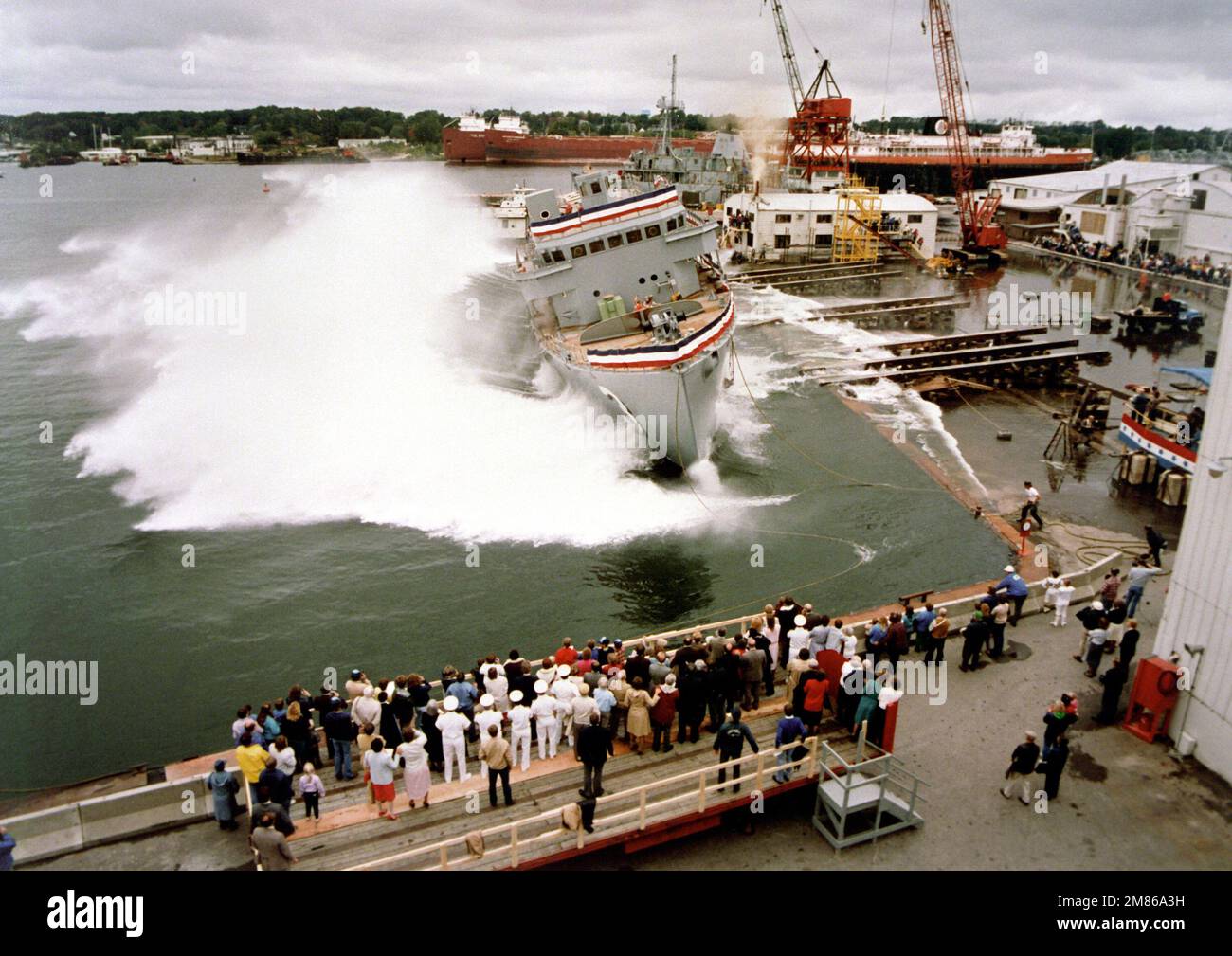 The mine countermeasures ship SENTRY (MCM-3) slides off the ways during ...