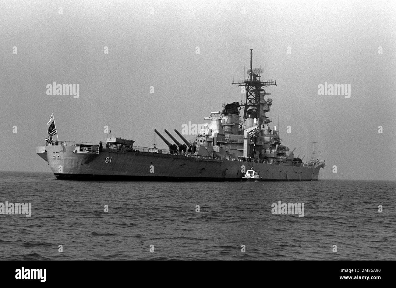 Starboard quarter view of the battleship USS IOWA (BB-61) being ...