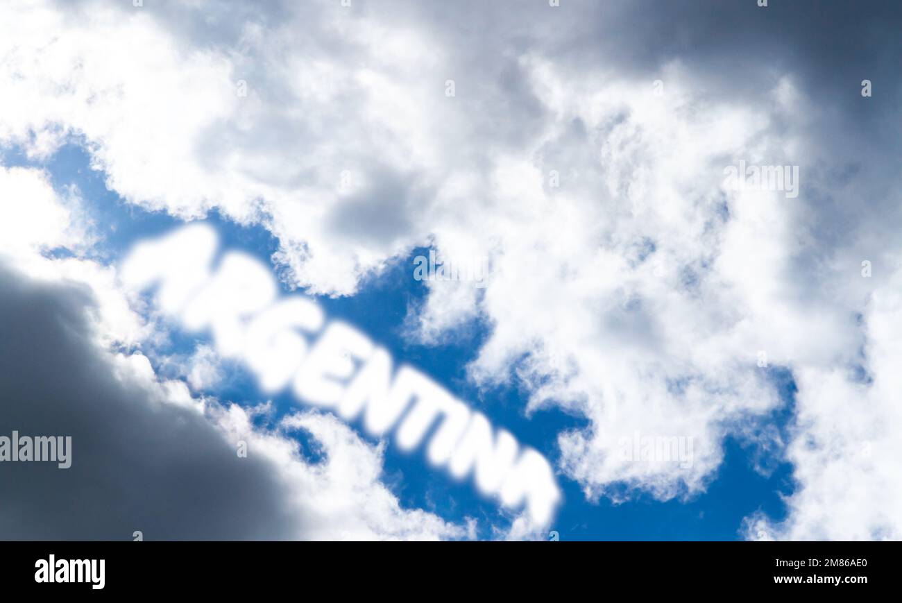 Lettering Argentina in the summer sky. Cumulus clouds on a blue ...