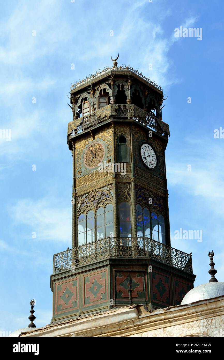 The clock tower of The great mosque of Muhammad Ali Pasha or Alabaster ...