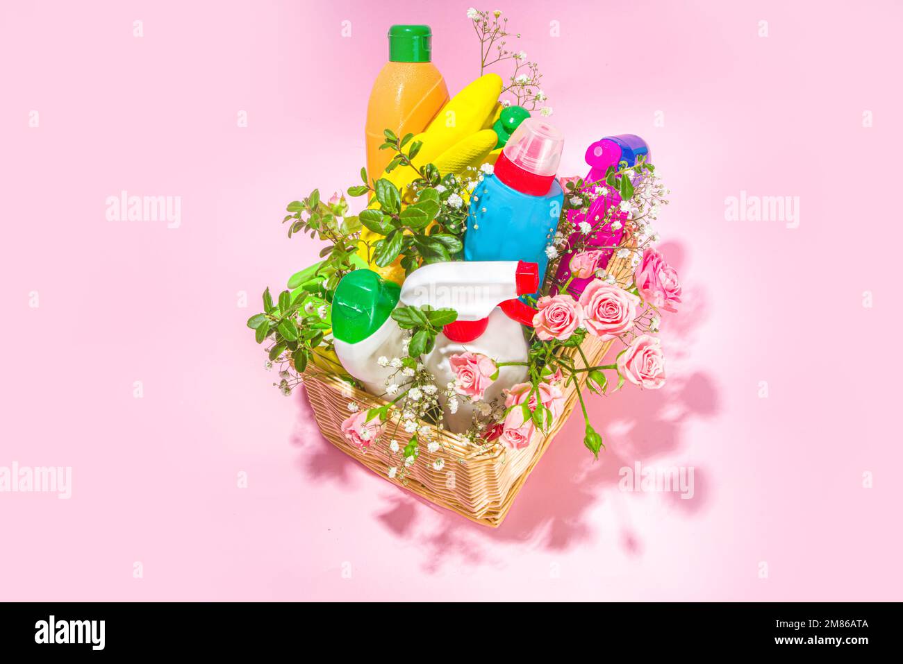 Creative bright spring cleaning concept. Tools, bottles, accessories ...