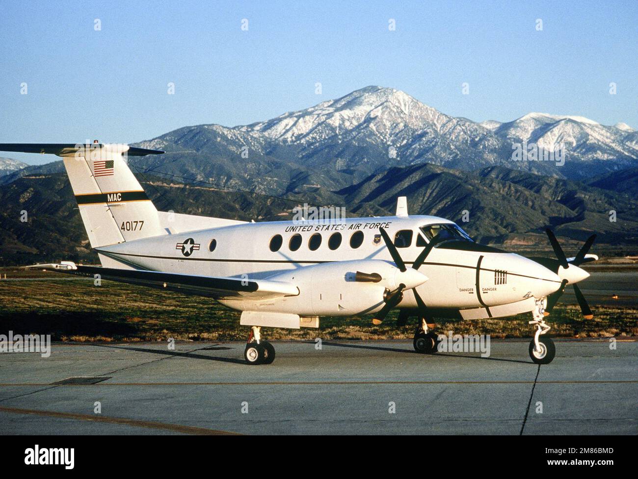A C-12 Huron support airlift aircraft on the flight line at Norton AFB ...