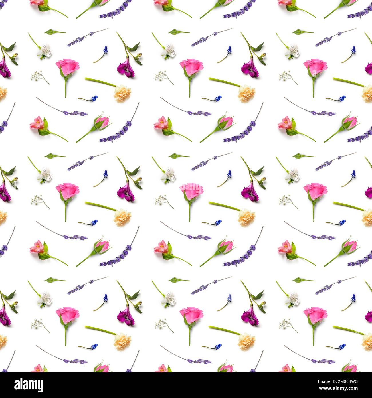 Many different scattered flowers on white background. Pattern for ...