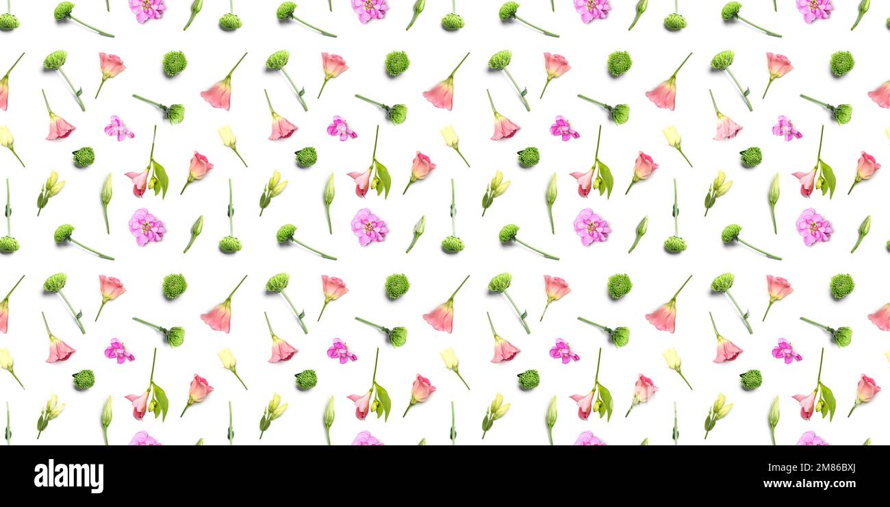 Many different scattered flowers on white background. Pattern for ...