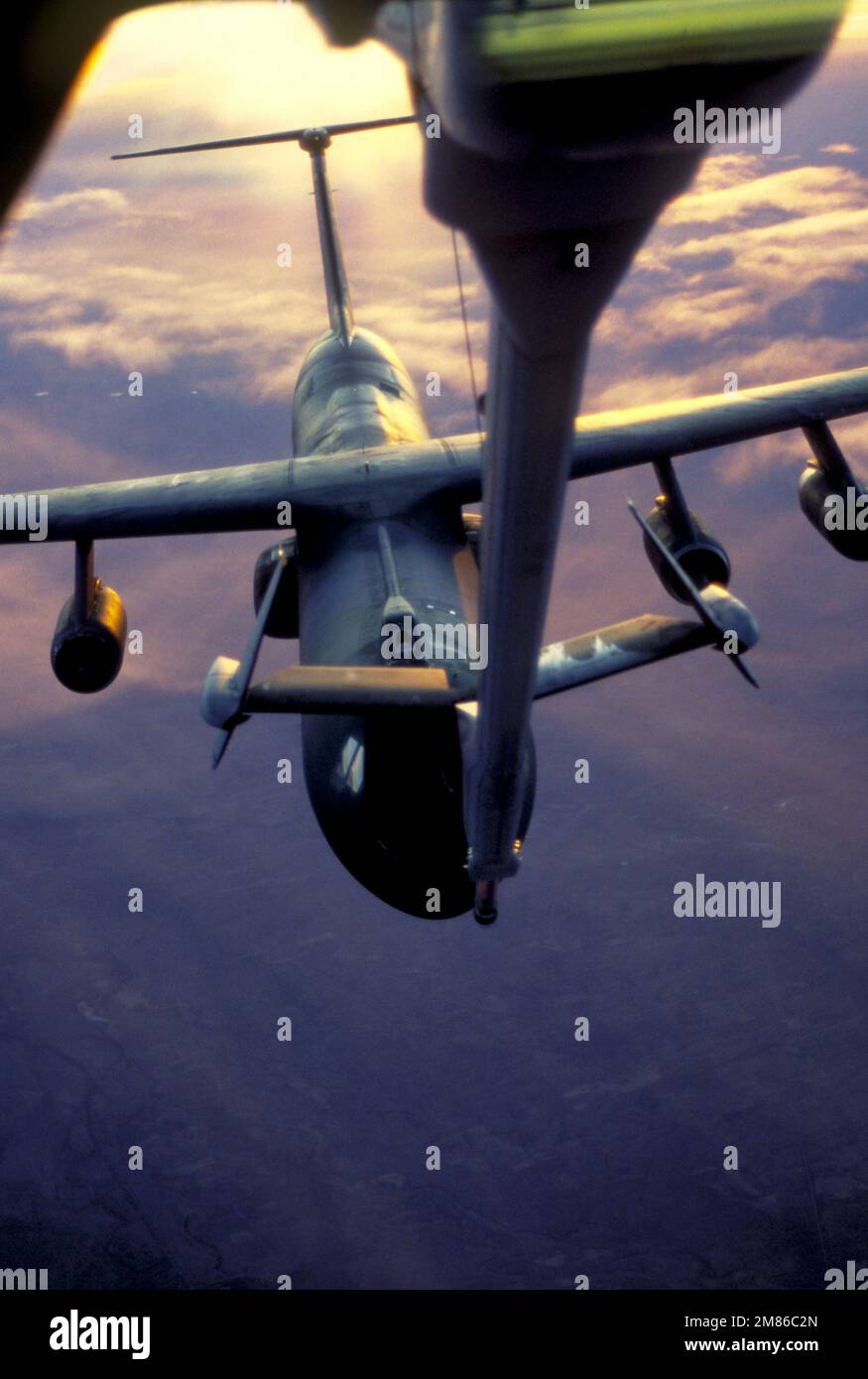 View from a KC-135 tanker's refueler position of the aerial refueling ...