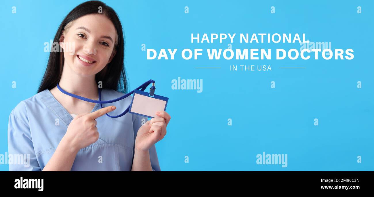 Medical assistant with badge on blue background. National Day of Women ...
