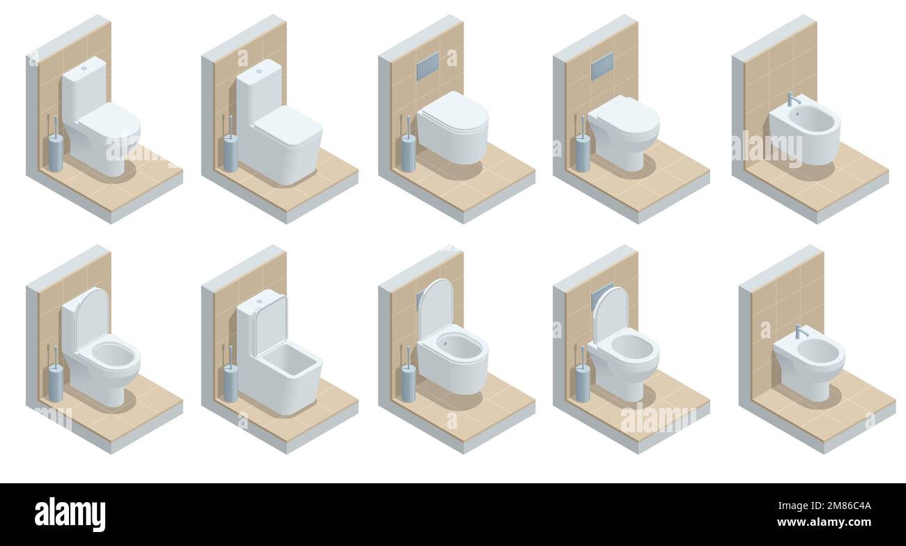 Isometric set icons of the Toilet bowl. Realistic white home toilet ...