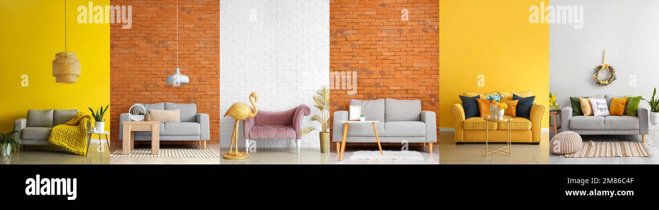 Collage of new sofas in stylish interiors of living room Stock Photo ...