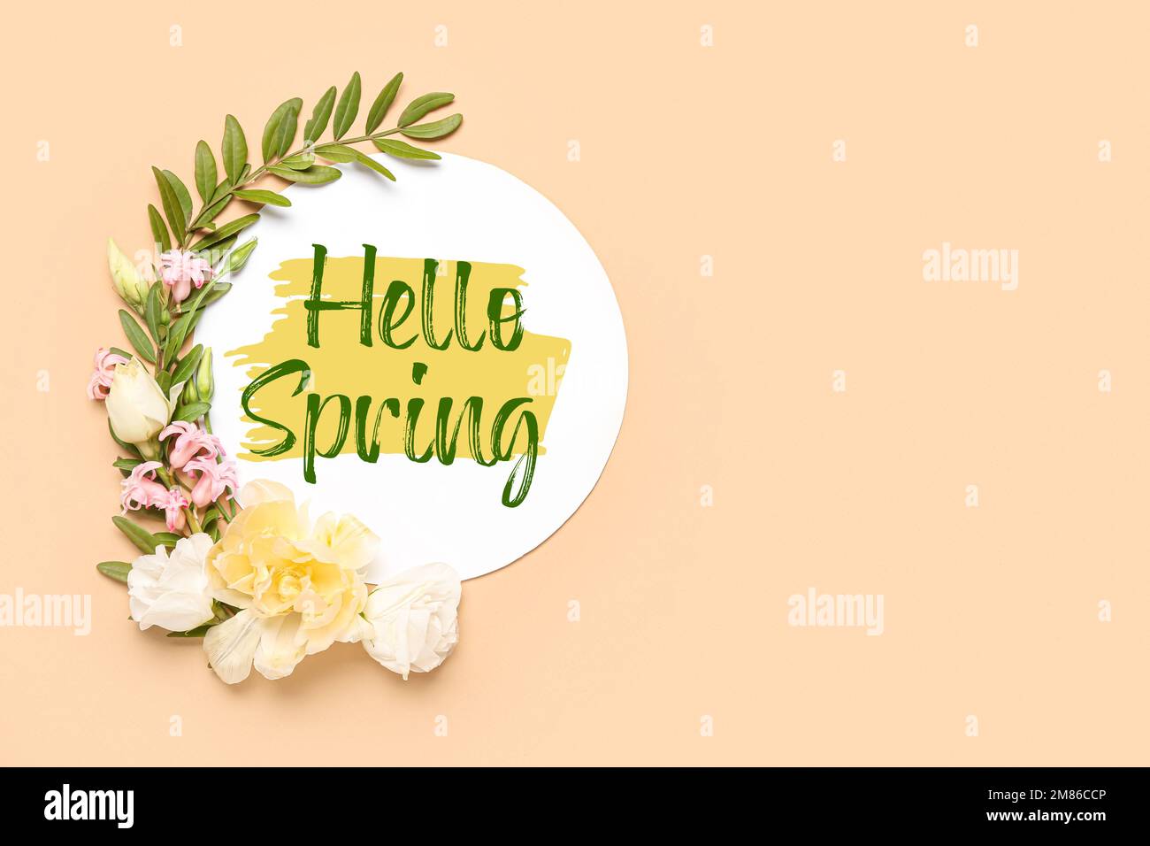Card with text HELLO SPRING and beautiful flowers on beige background ...