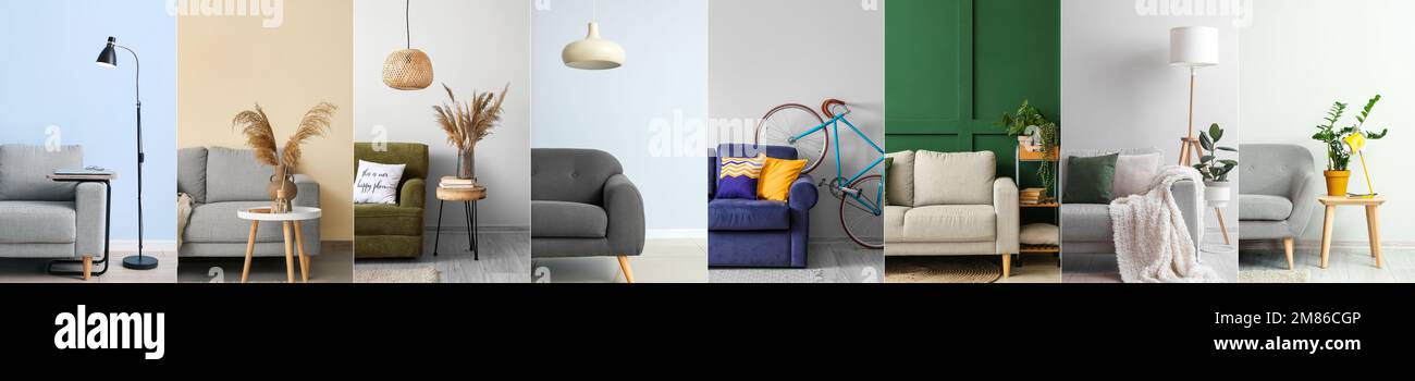 Collage of trendy sofas in modern interiors of living room Stock Photo ...