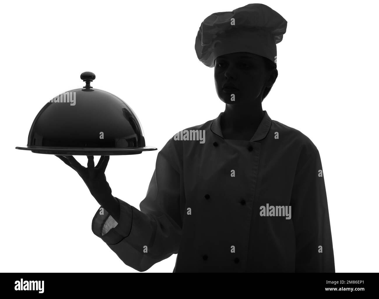 Silhouette of female chef with cloche on white background Stock Photo ...