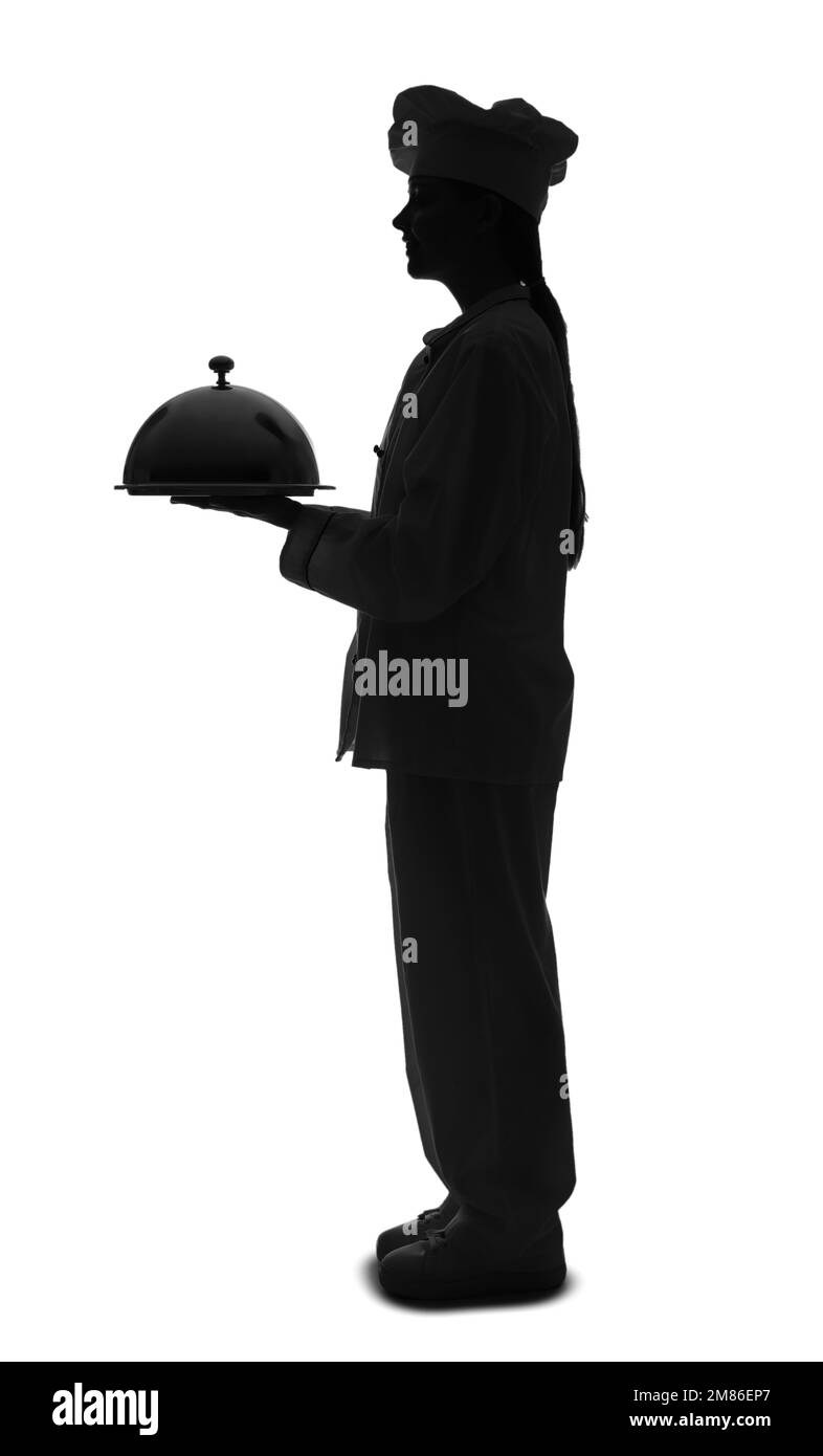 Silhouette of female chef with cloche on white background Stock Photo ...