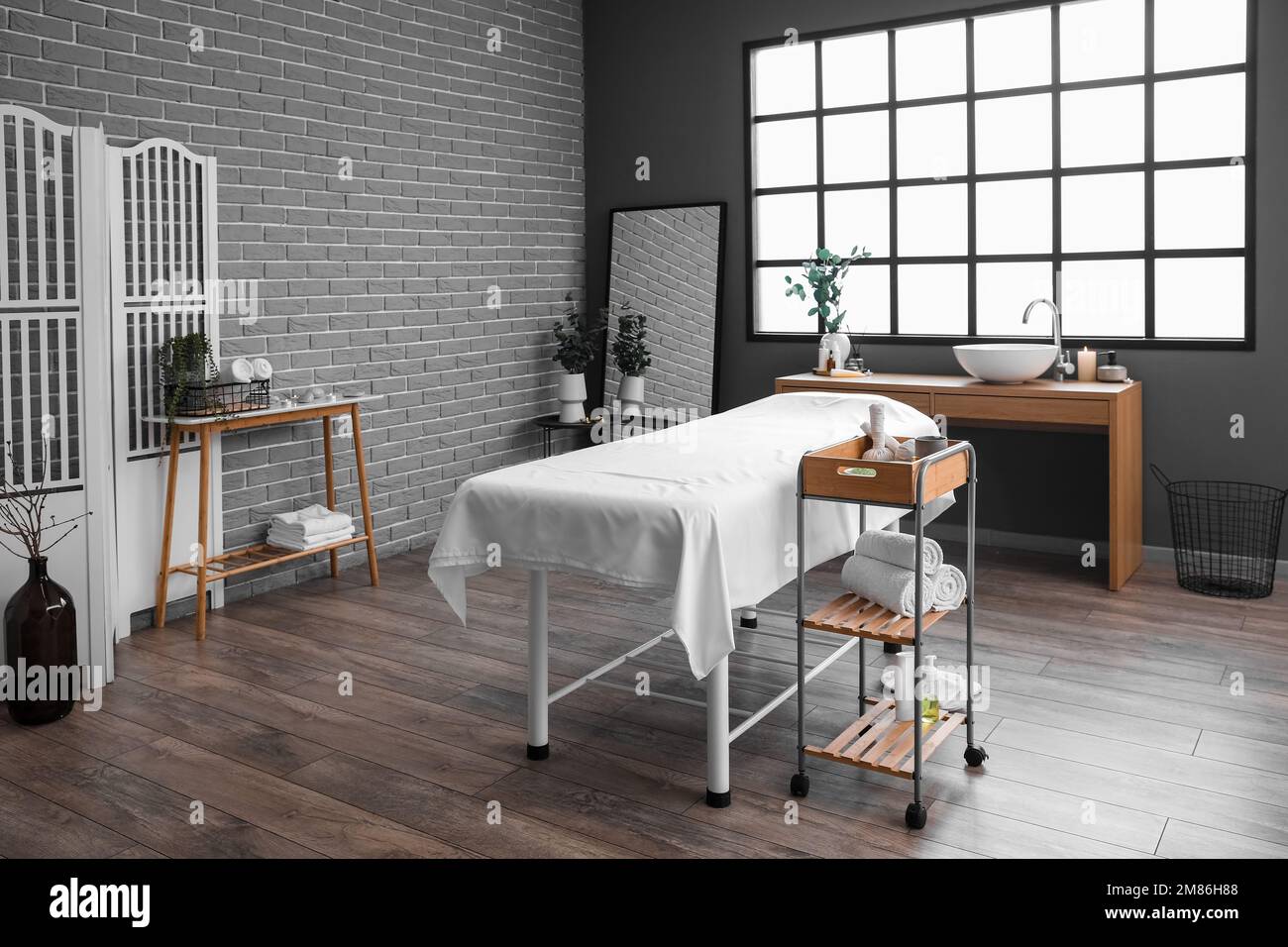 Interior of spa salon with couch and tables Stock Photo - Alamy