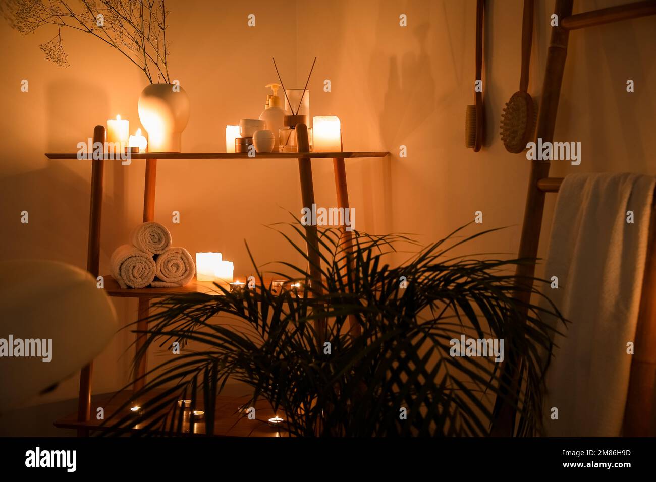 Interior of dark spa salon with shelving unit, burning candles and palm ...