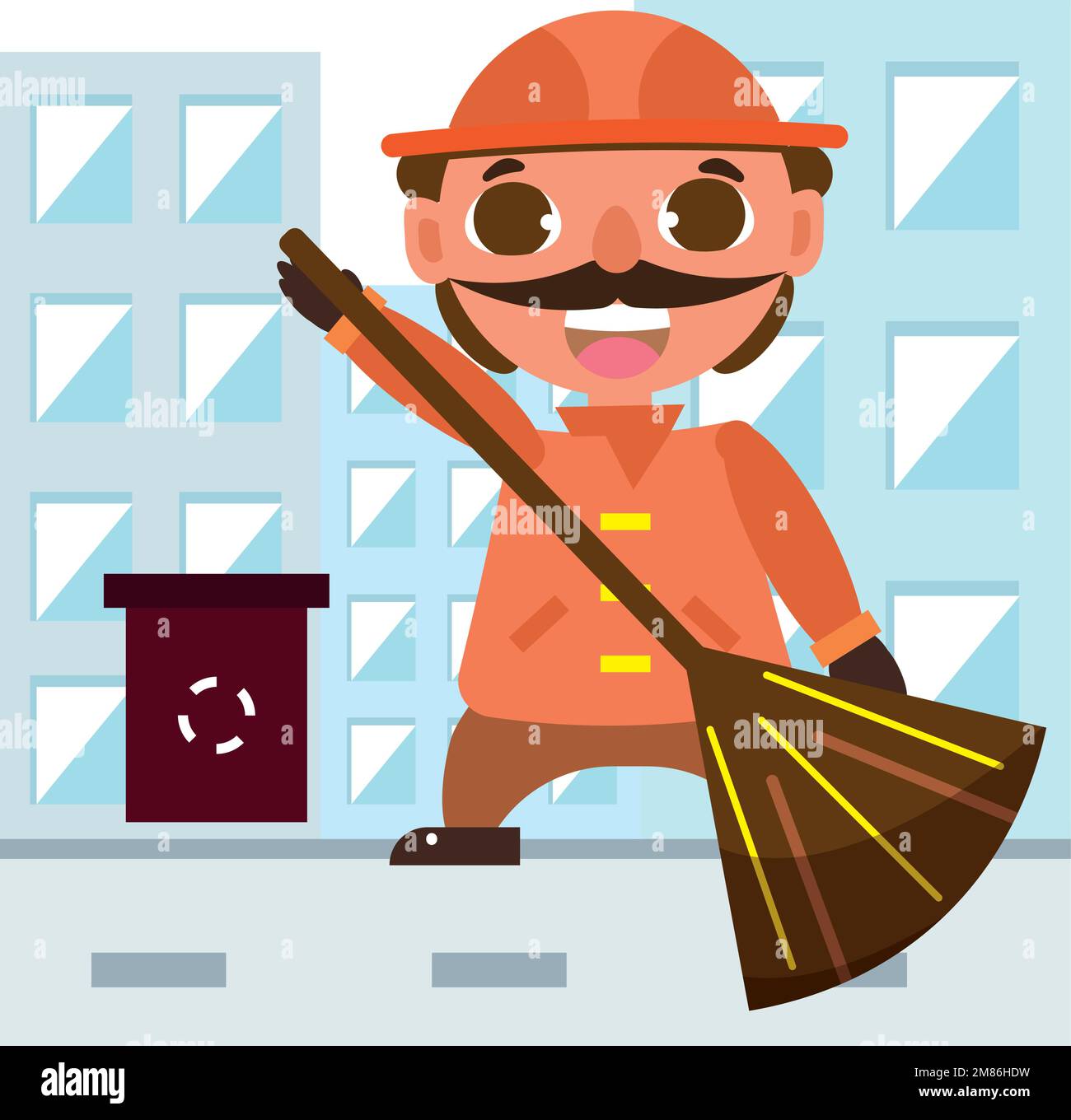 Happy cleaner worker cartoon character holding a broom Vector Stock ...