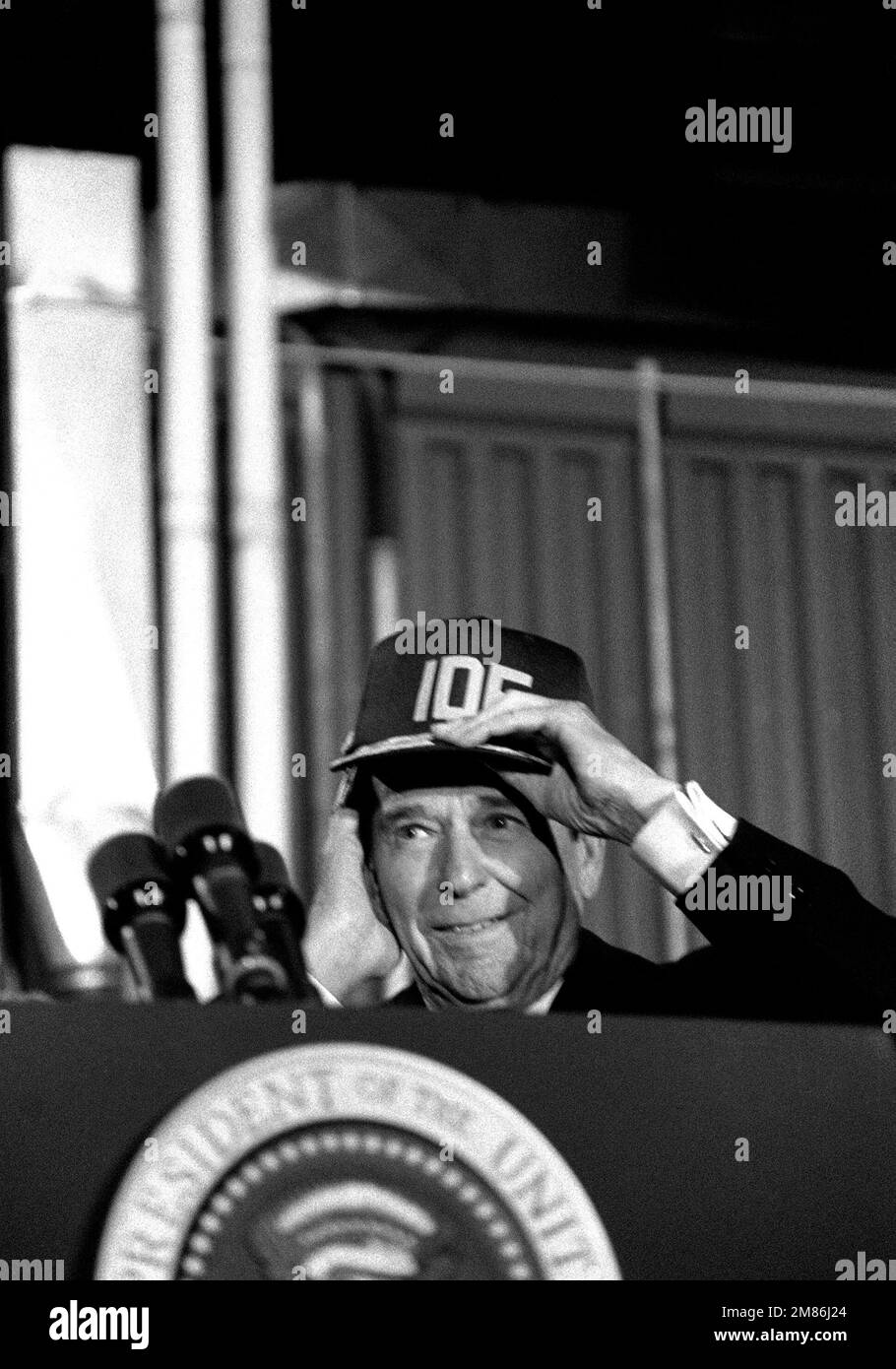 President Ronald W. Reagan dons an Iceland Defense Force ball cap ...