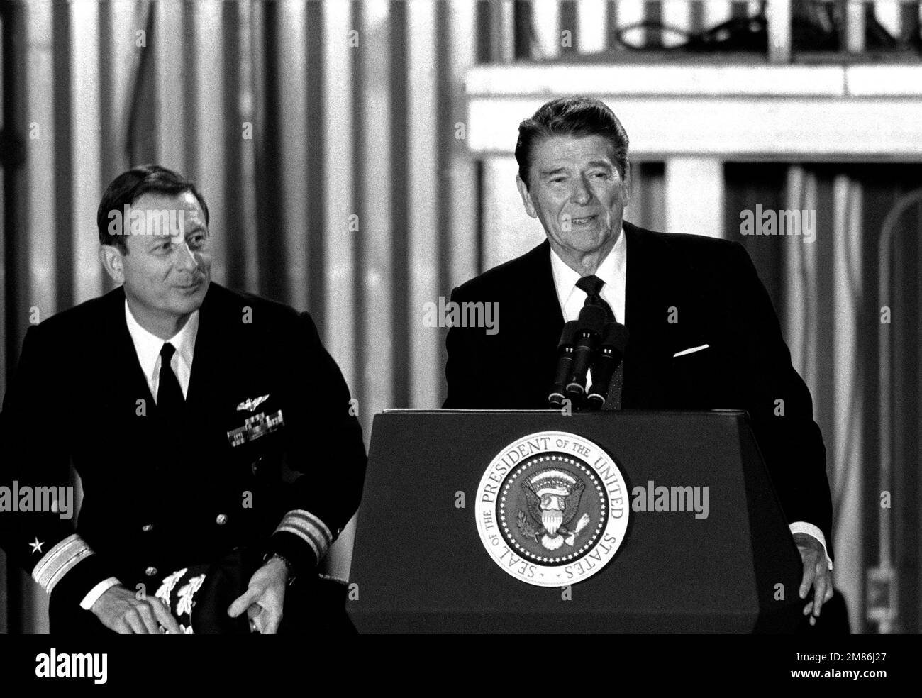 President Ronald W. Reagan addresses military personnel gathered in his ...