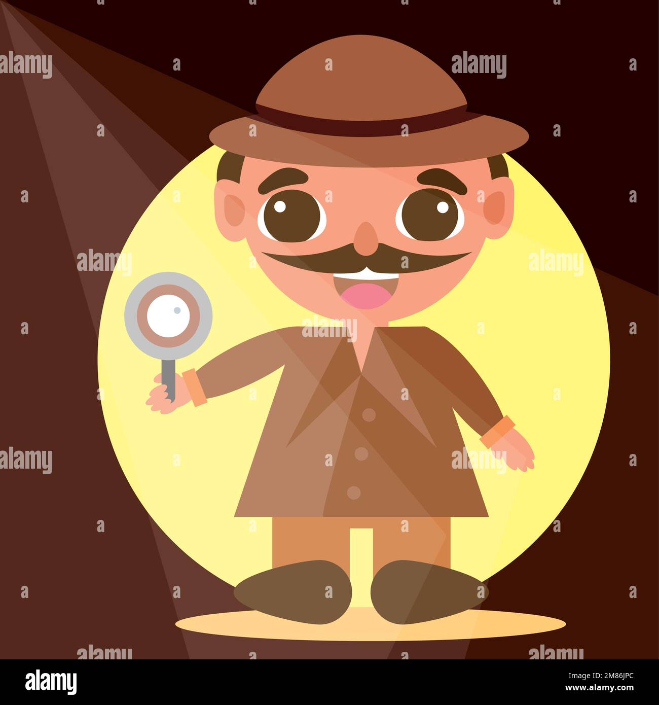 Happy male detective cartoon character holding a magnifying glass ...