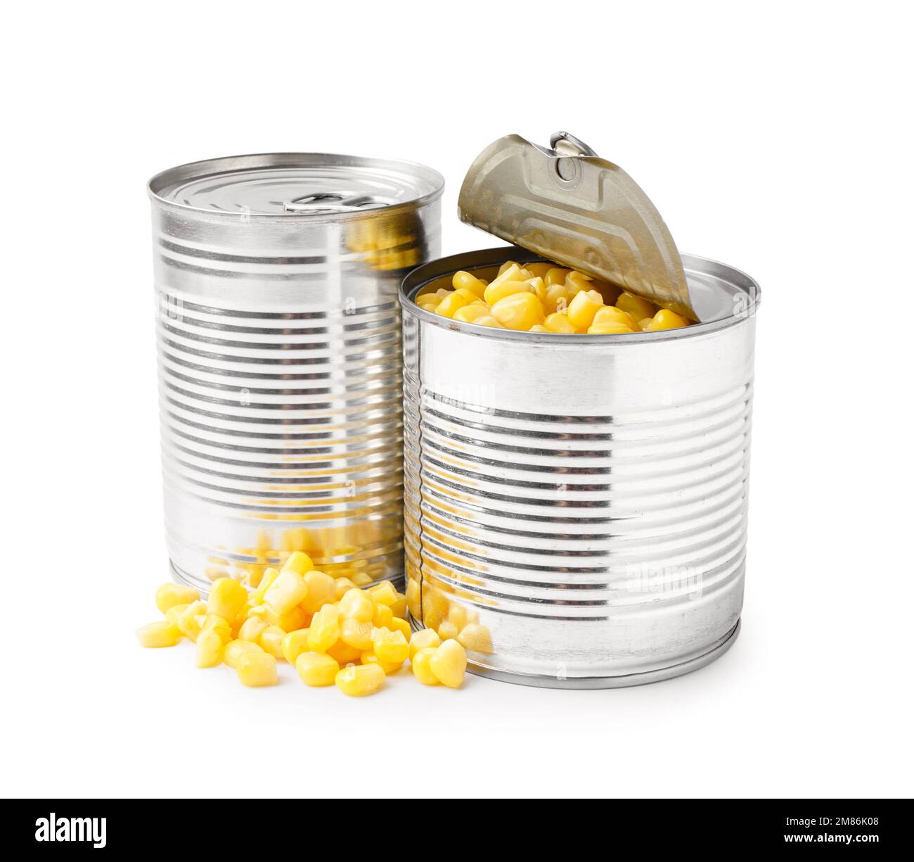Tin cans and corn kernels isolated on white background Stock Photo - Alamy