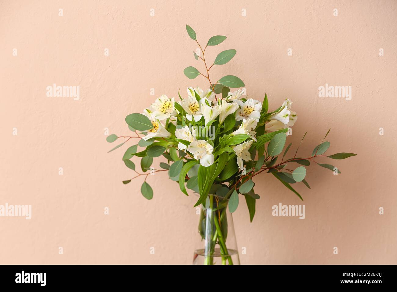 Vase with bouquet of beautiful alstroemeria flowers and eucalyptus ...