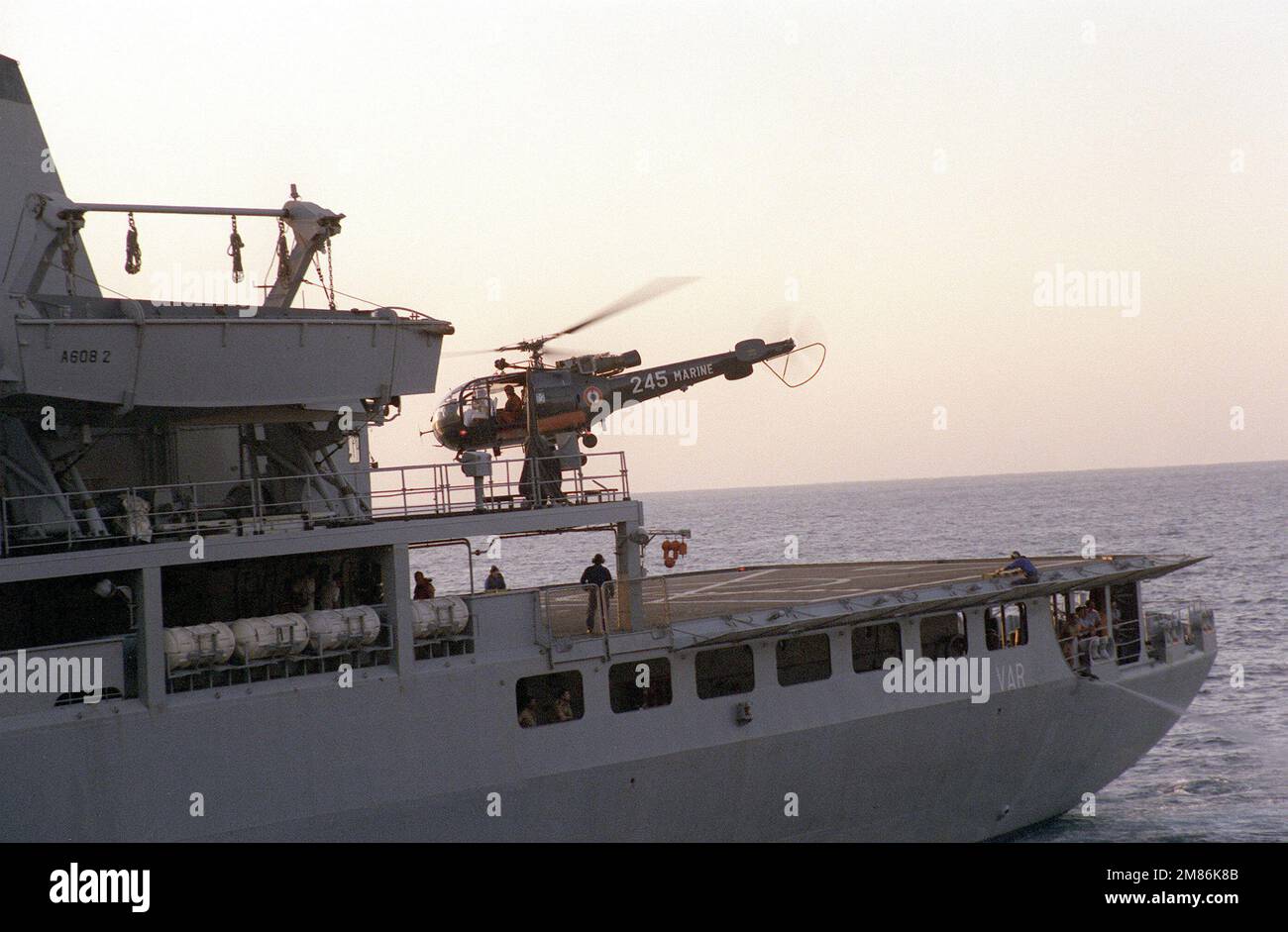 A French Alouette III Helicopter hovers above the helicopter pad of the ...