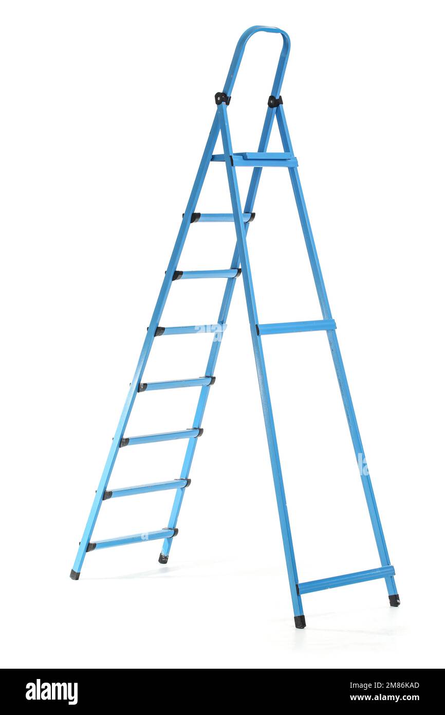 Blue maintenance ladder on white background Stock Photo - Alamy