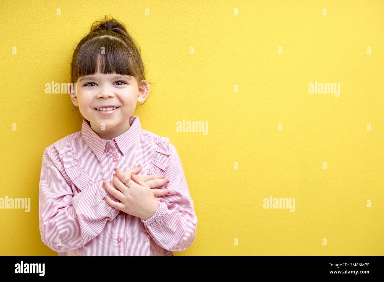 Kid Girl Keep Hands On Chest, Thankful For Something, Feeling Gratitude ...