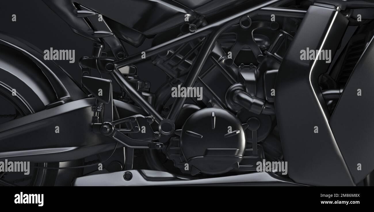closeup black motorcycle in the dark side view. 3d rendering Stock ...