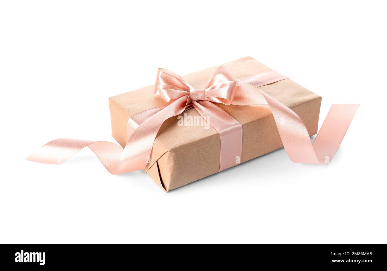 Gift box with beige bow for Valentine's Day on white background Stock ...