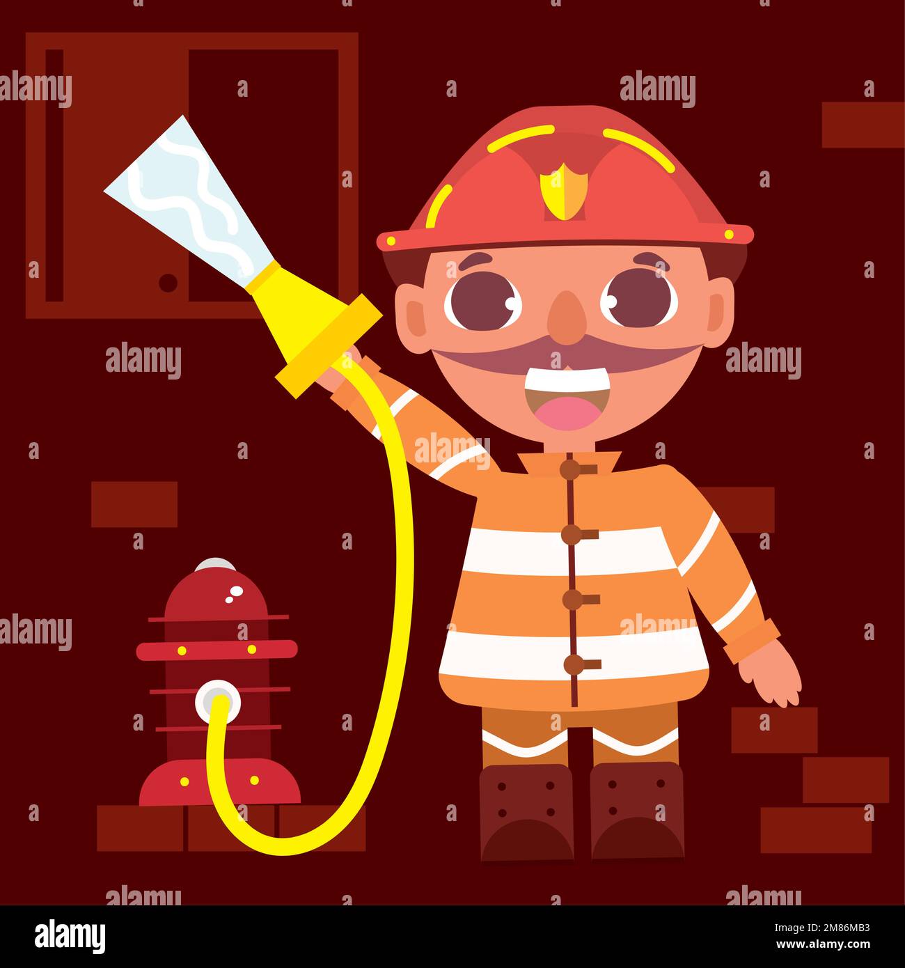 Happy firefighter cartoon character holding a hose Vector Stock Vector ...
