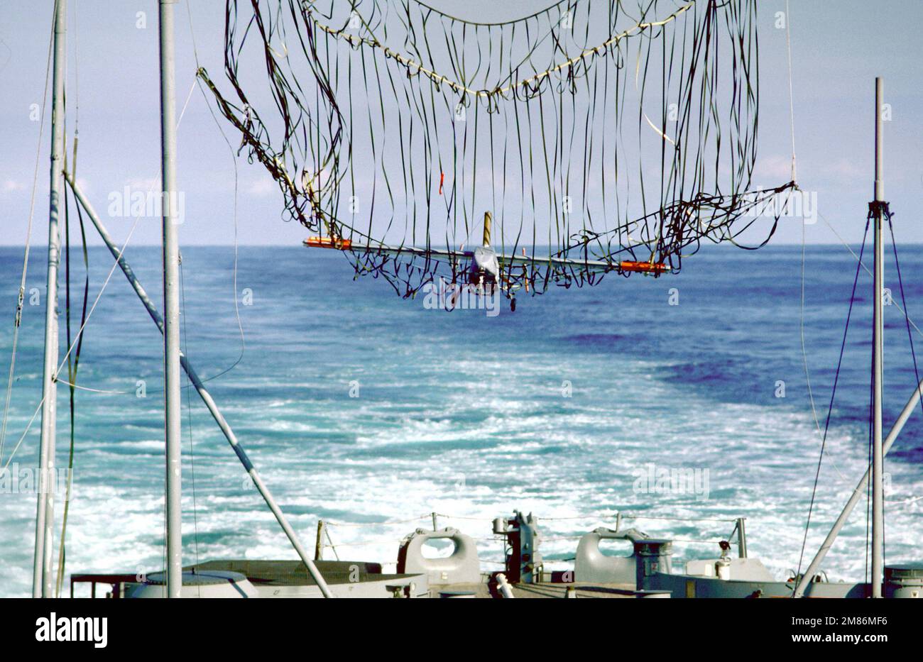 A Pioneer I remotely-piloted vehicle (RPV) approaches a recovery net ...