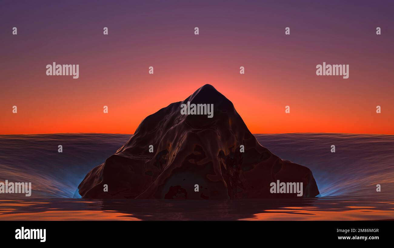 fantastic landscape with a black block in the sea at sunset. 3d ...