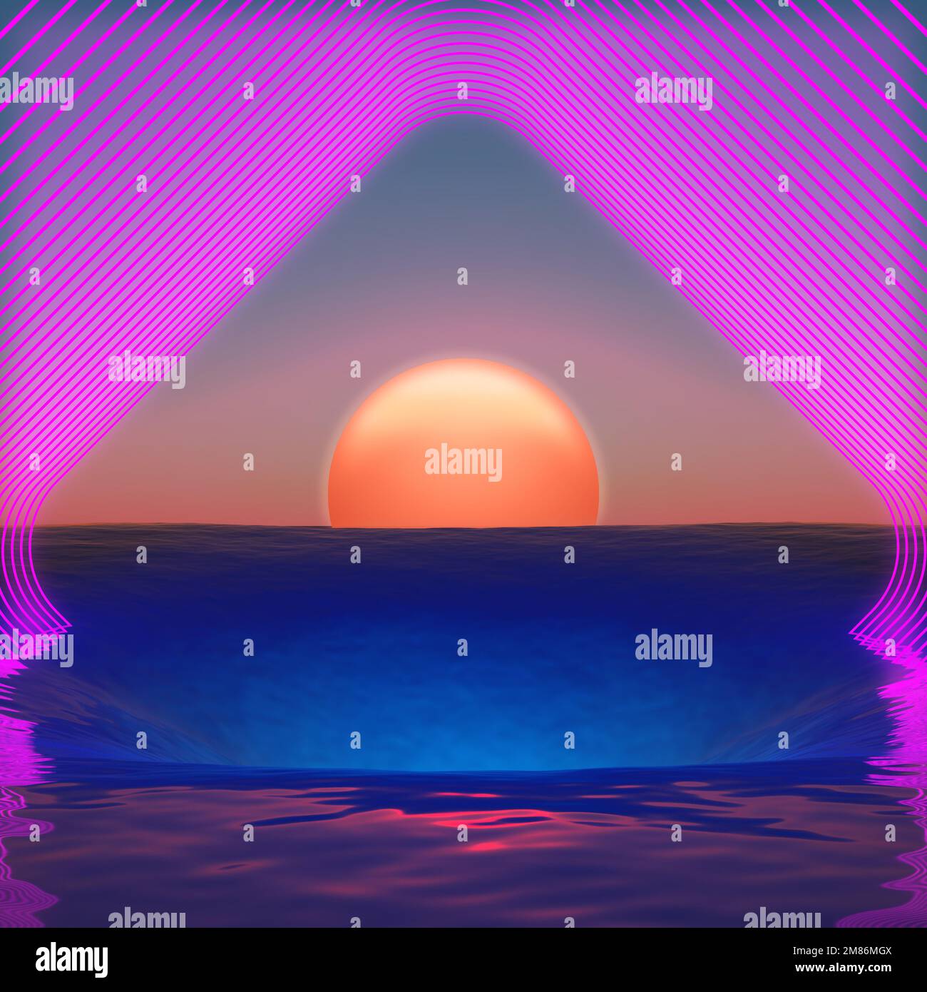 futuristic background with neon corridor at sea sunset. 3d rendering ...