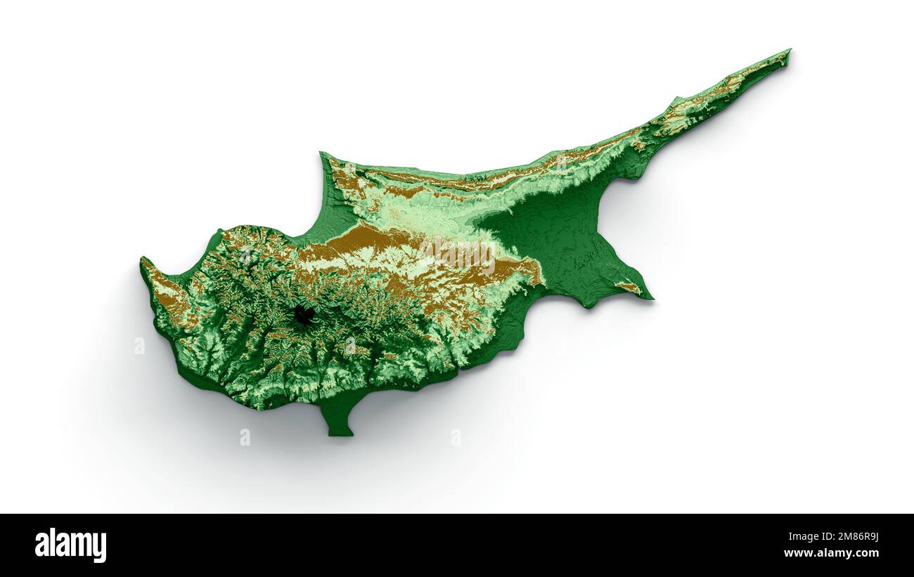 A 3D illustration of the green topographic map of Cyprus on a white ...