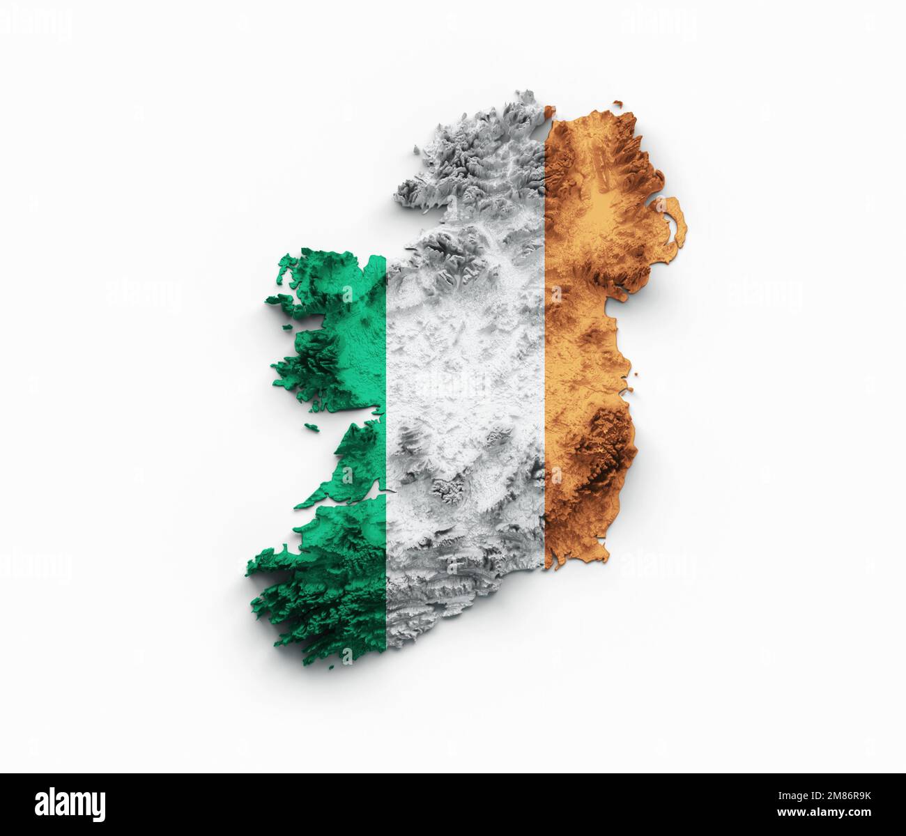 A 3d illustration of Ireland map with its flag shaded relief on white ...