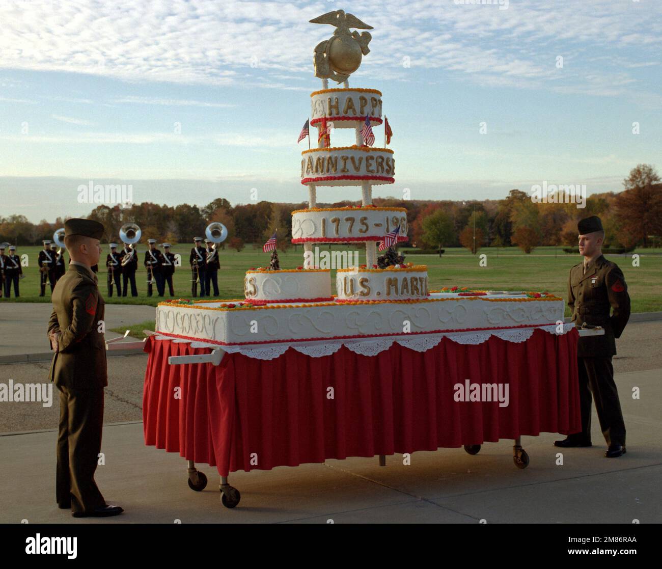Two Marines watch over a Marine Corps Birthday cake prior to a cake ...