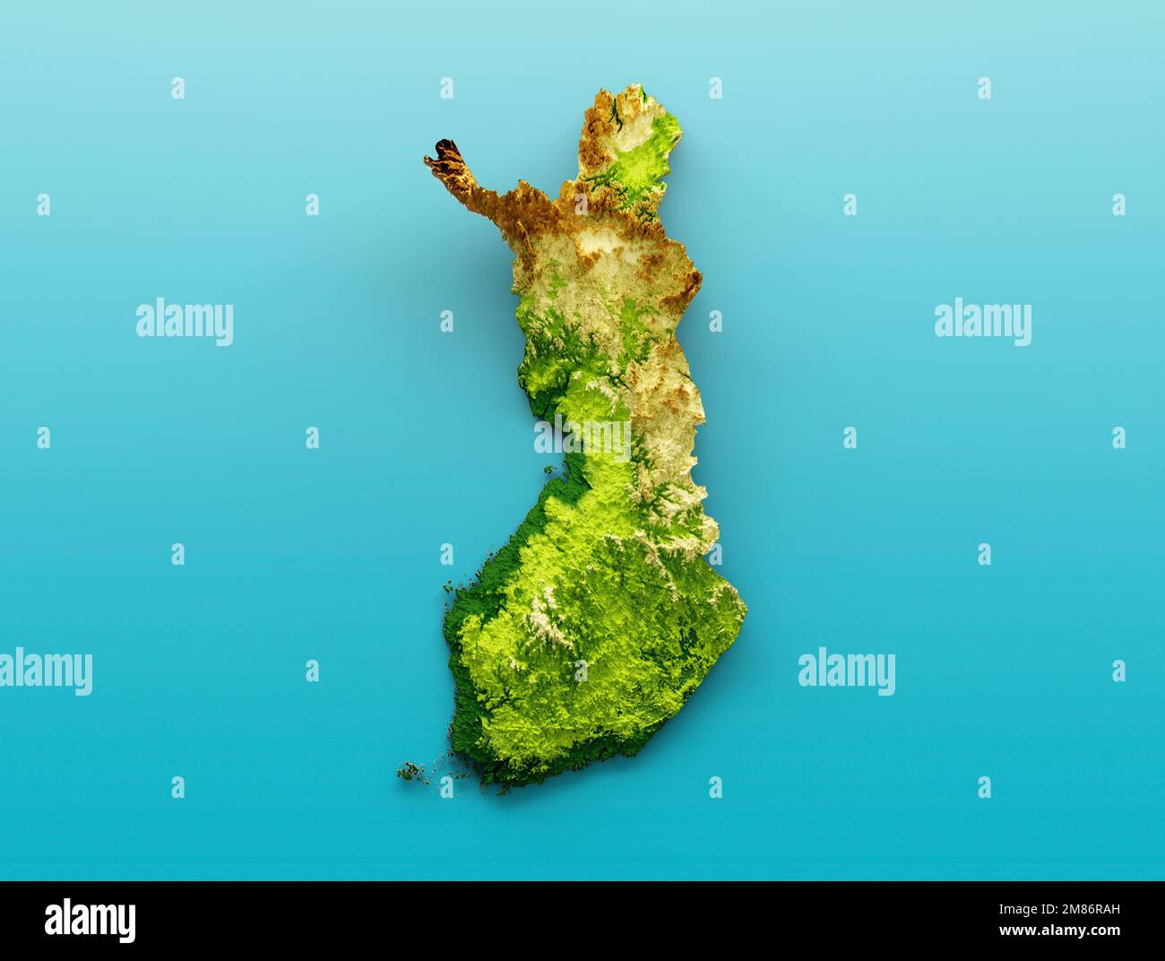A 3D illustration of the green topographic map of Finland on the ...