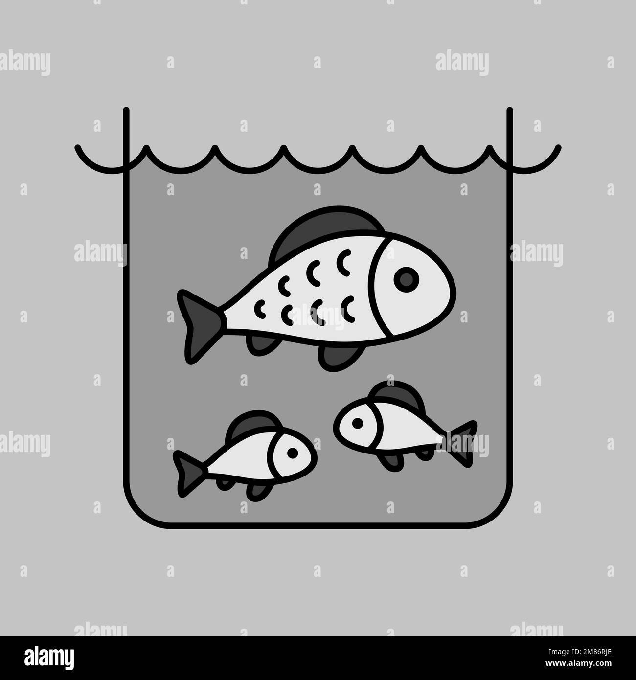 Fish in a pond or aquarium isolated grayscale icon. Farm animal sign ...