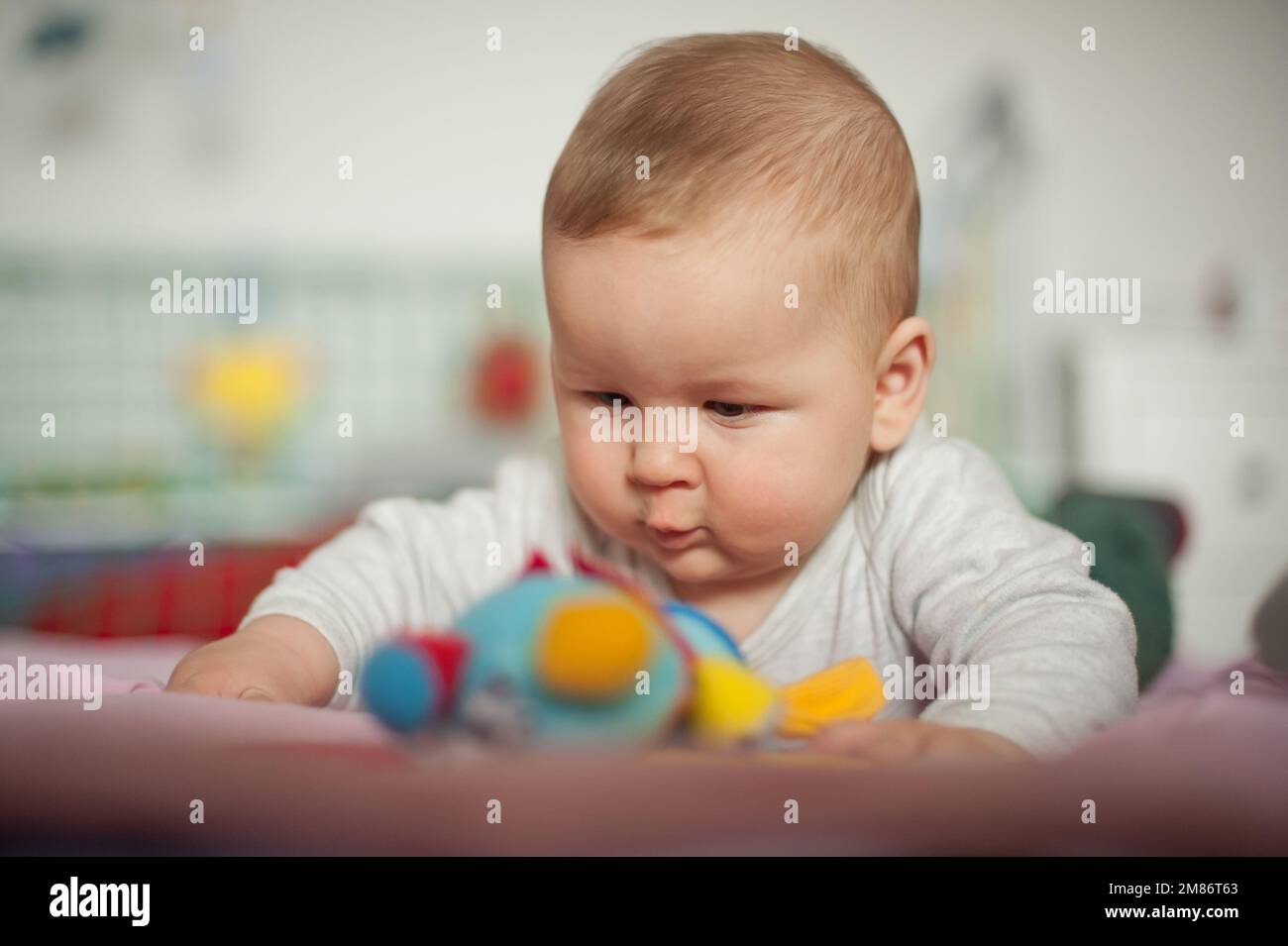 Baby plays with toys. Close-up view of cute baby boy lies on its ...