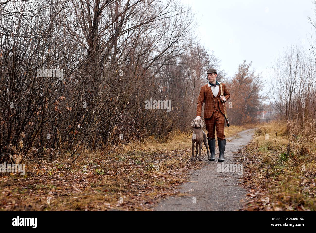 confident Male hunter with nice hunting dog Weimaraner, portrait in ...
