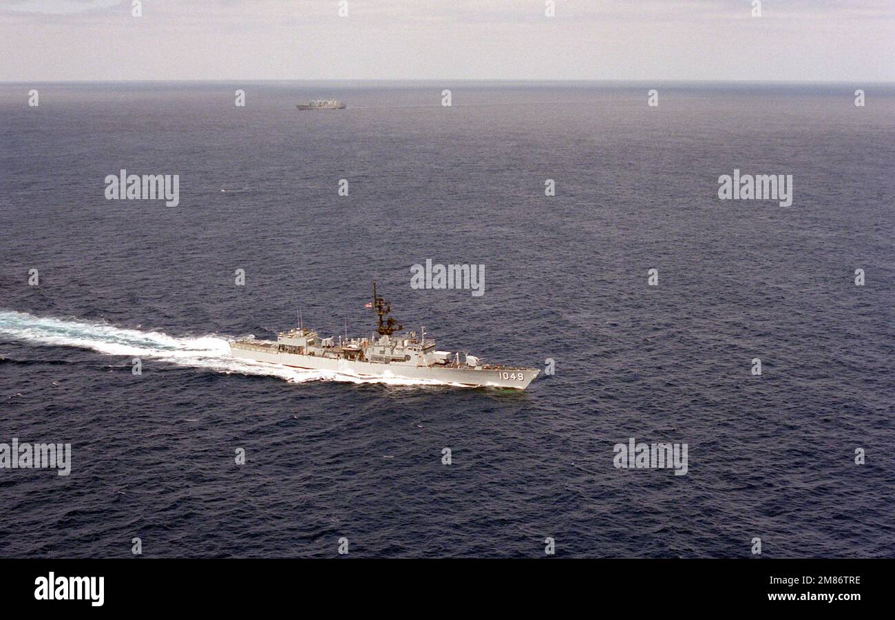 A starboard bow view of the frigate USS KOELSCH (FF-1049) underway ...