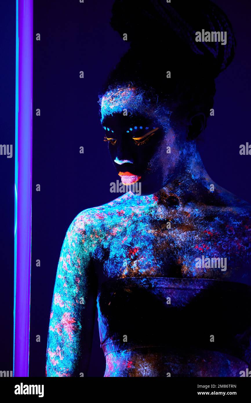 Slim Fascinating Black Female With Neon Body Art With Fluorescent ...