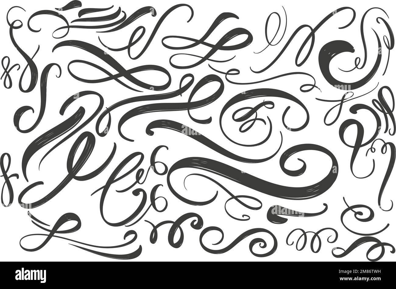 collection of abstract curlicues, isolated strokes on a white ...