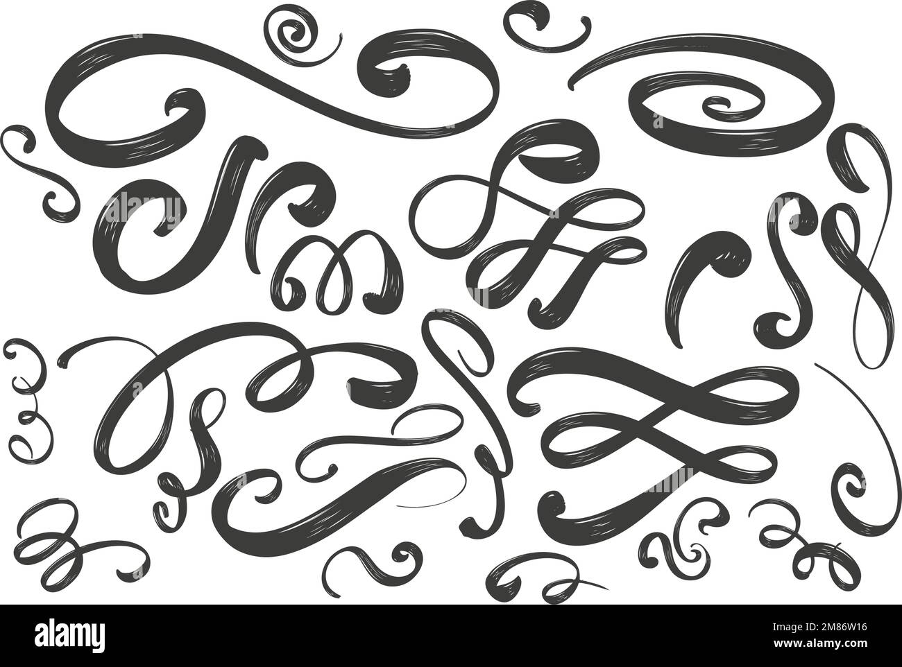 collection of abstract curlicues, isolated strokes on a white ...