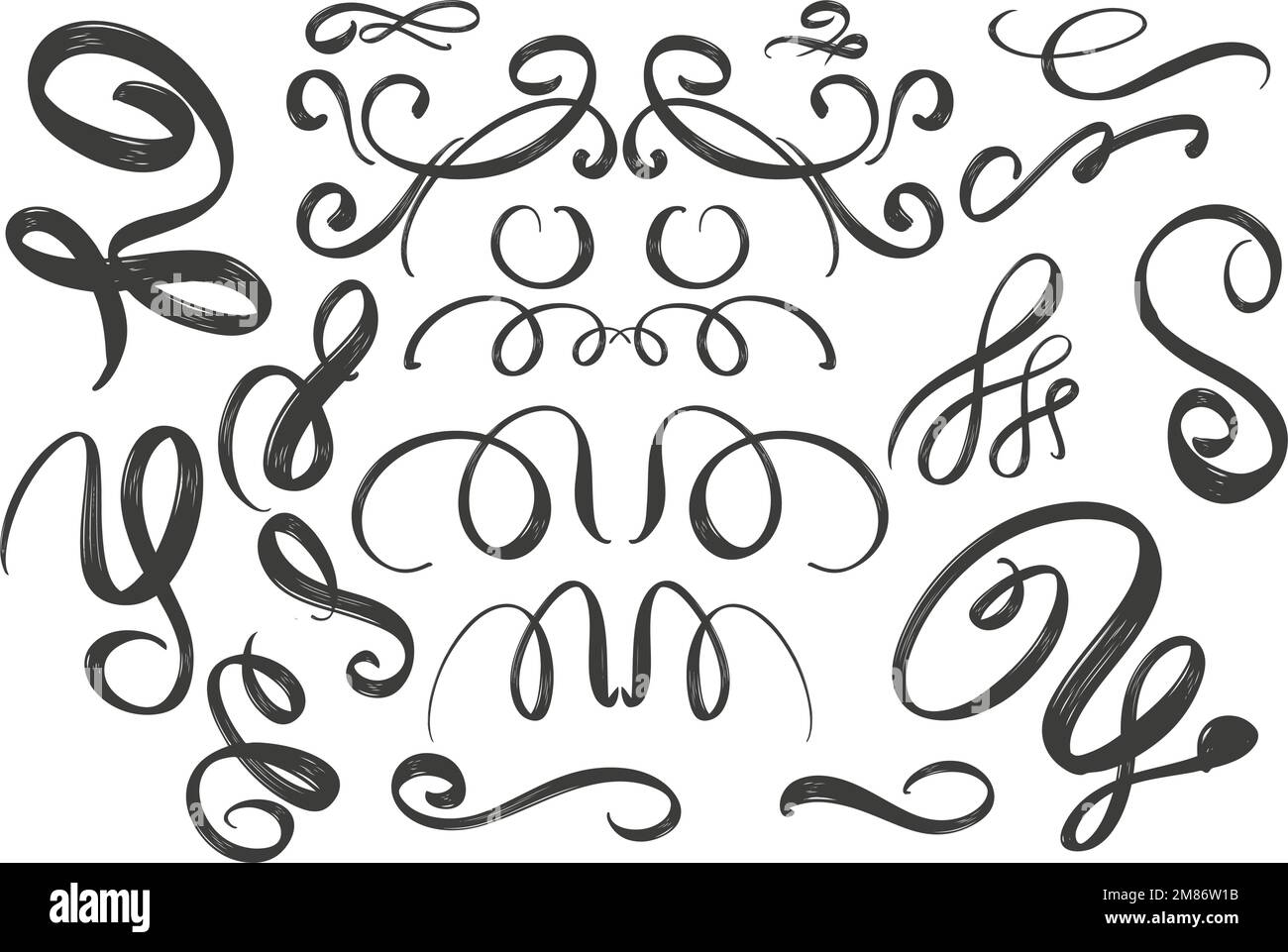 collection of abstract curlicues, isolated strokes on a white ...