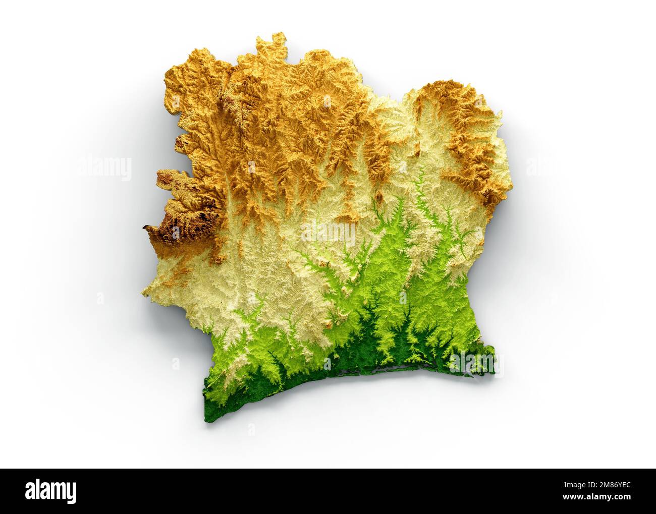 A 3d rendering of the Ivory Coast map with shaded relief isolated on a ...
