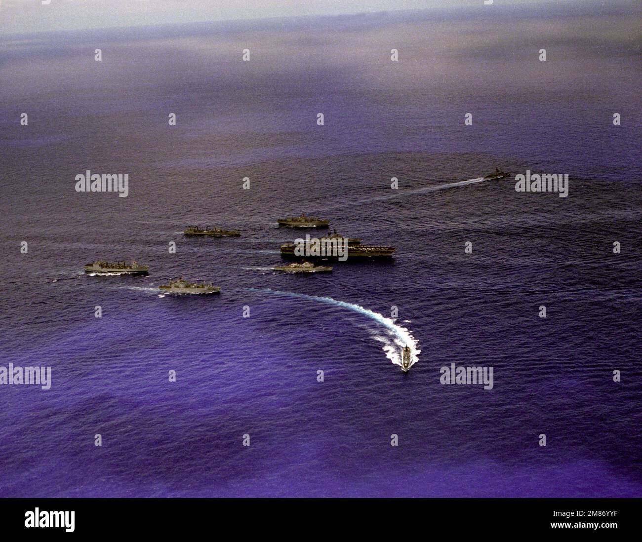 An aerial starboard view of ships in Battle Group Charlie fanning out ...