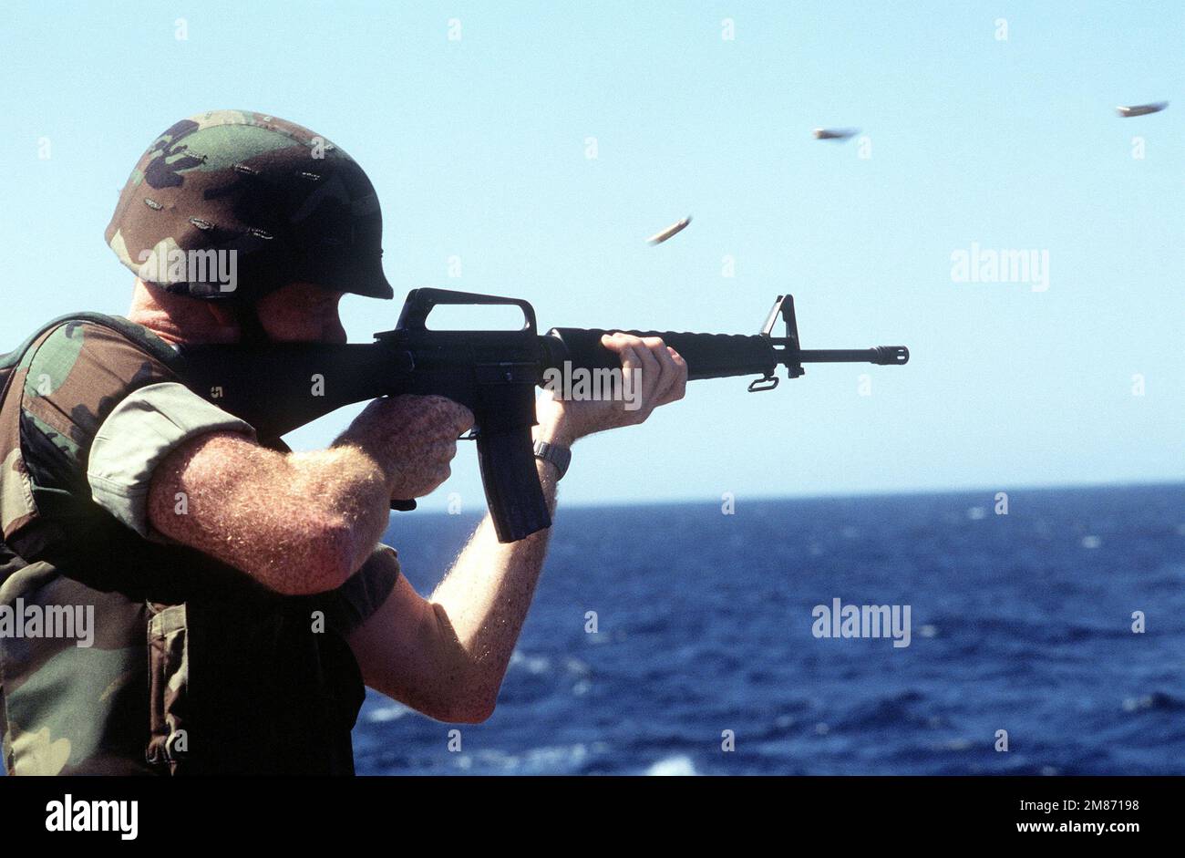 A member of the Marine detachment aboard the battleship USS MISSOURI ...